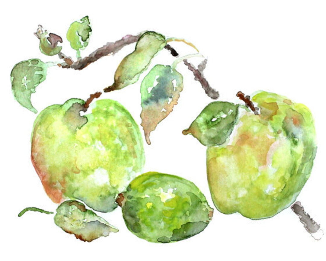 Green Apple Print, Green Kitchen Wall Decor, Watercolor Print, Apple ...