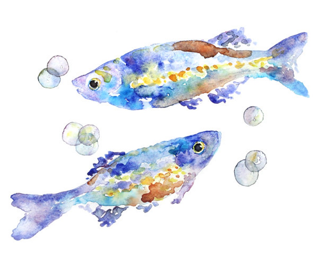 Blue Bathroom Decor, Fish Print, Blue Bathroom Art, Fish Watercolor ...