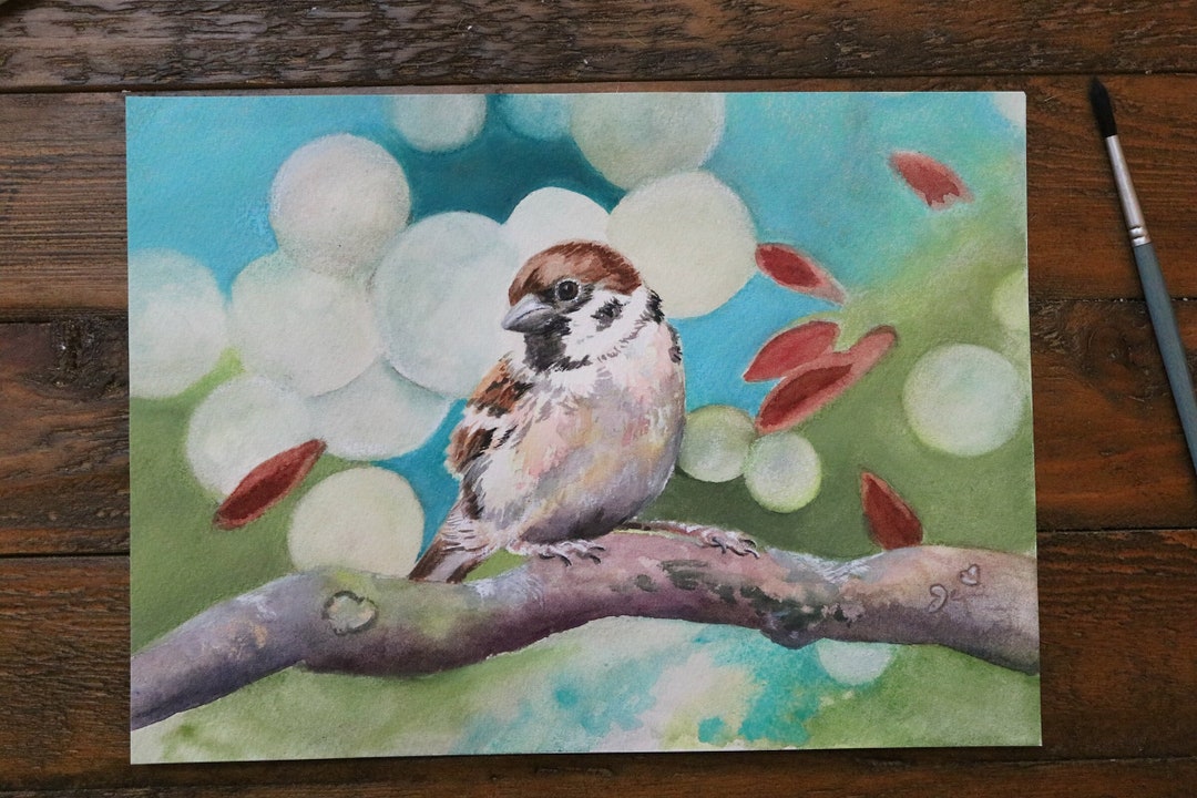 Original Sparrow Painting, Mixed Media Bird Art, Bathroom Wall Art ...