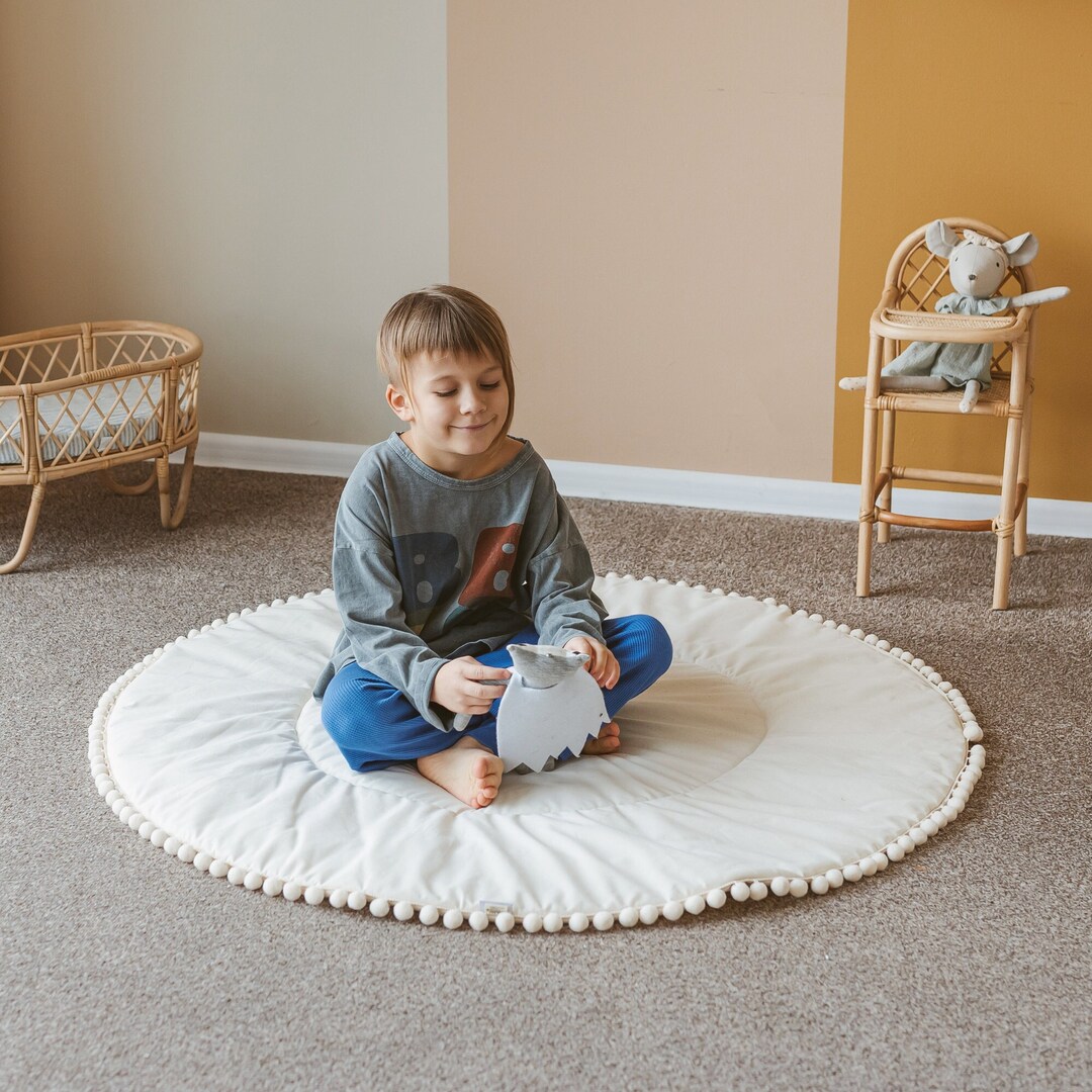Baby Tummy Time Mat From Cotton With Pom Poms, Round Baby Play Mat in ...