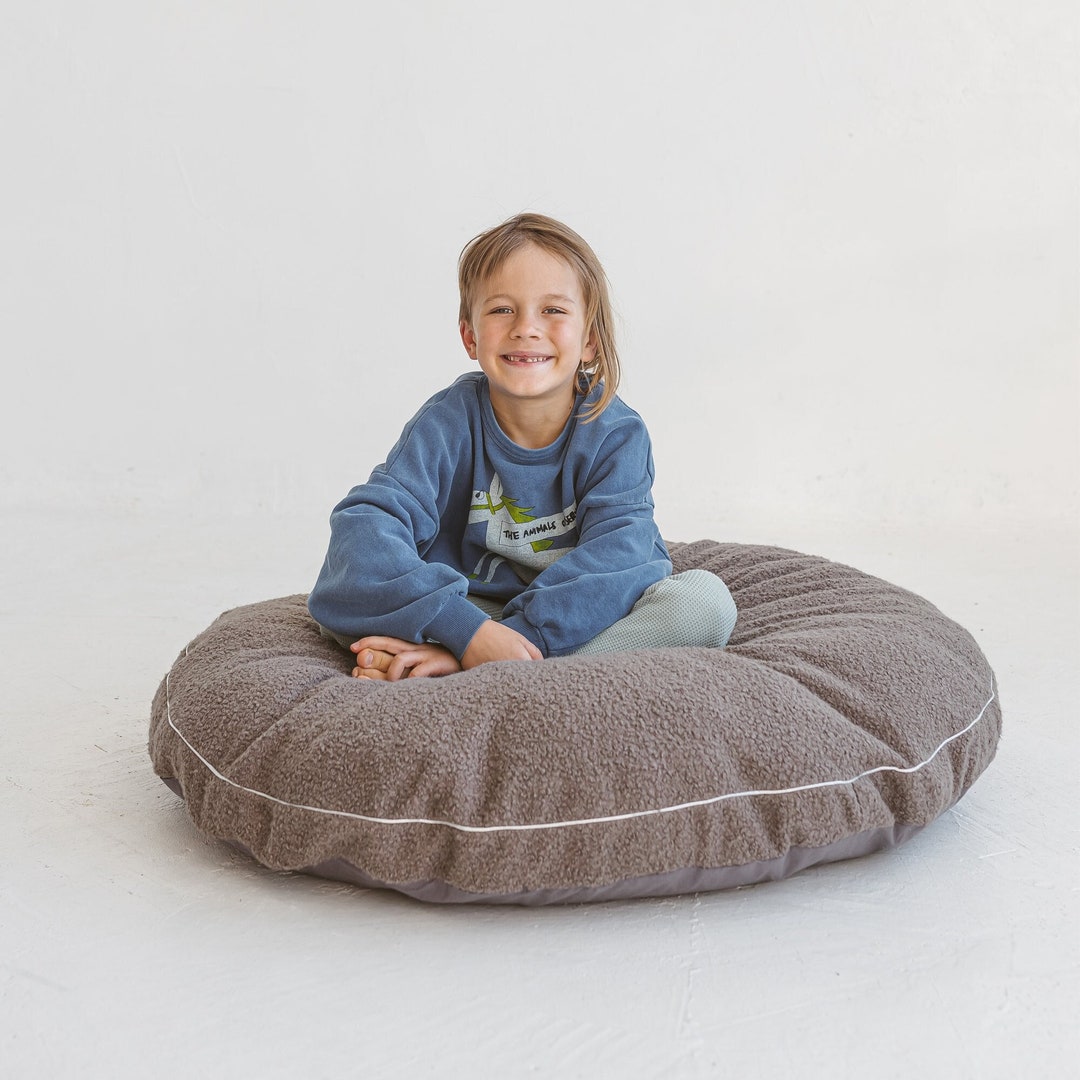 Grey Large Pouf for Kids, Boucle Fabric Pillow, Children Cushion ...