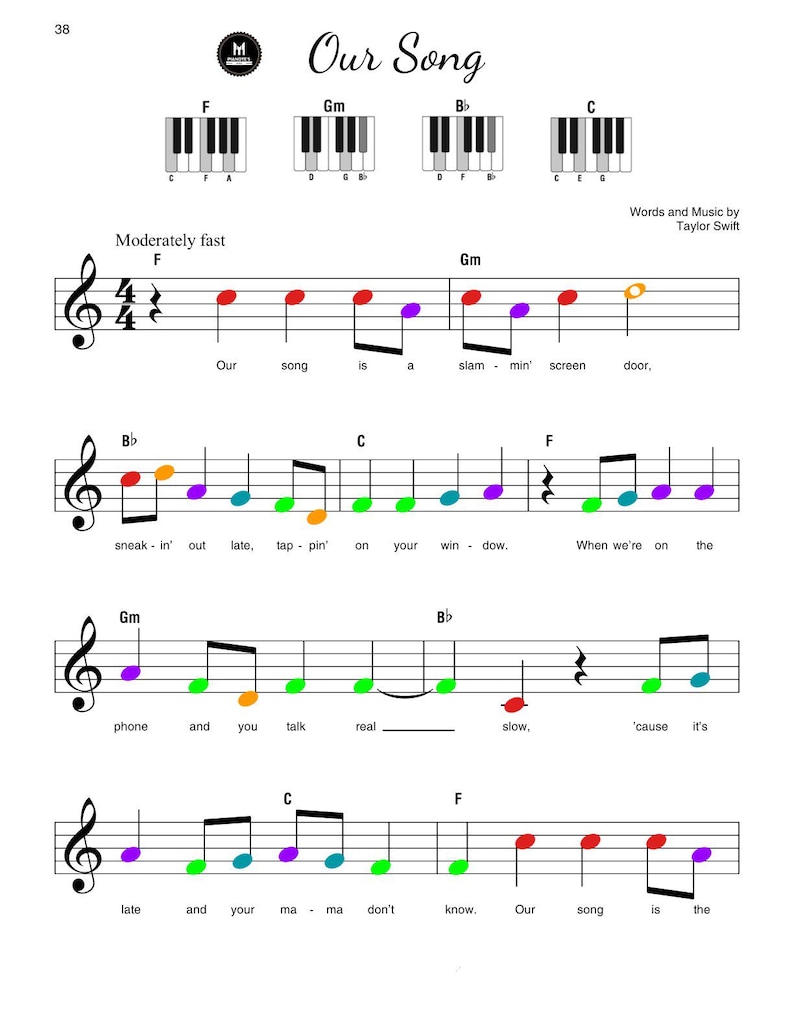 Taylor Swift Piano Sheet Music Bundle + FREE Colorful Notes Kids Piano ...