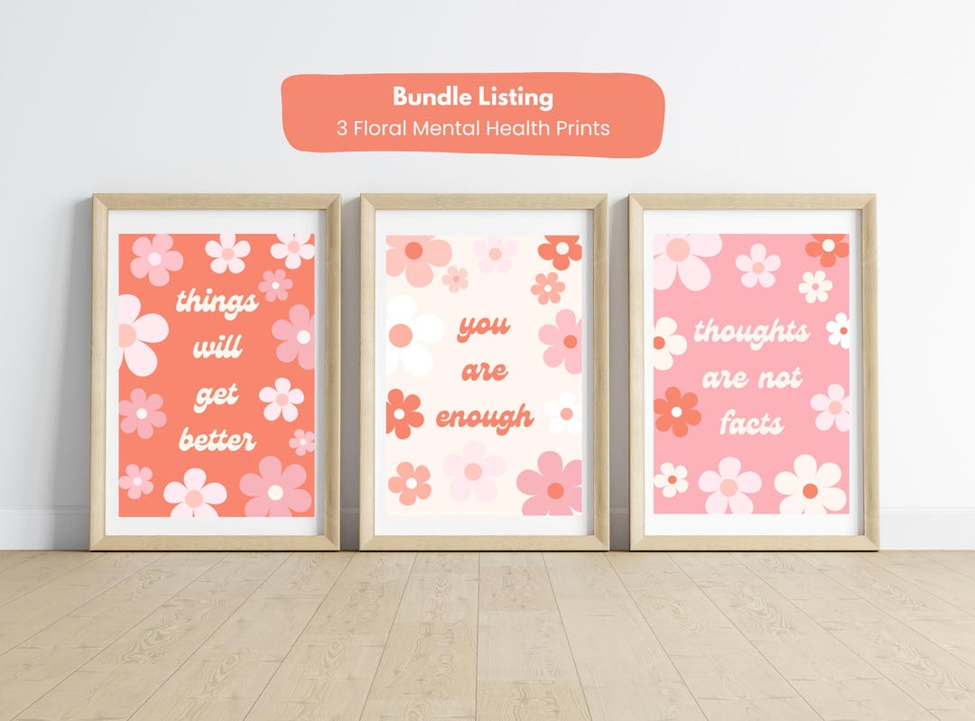 Cute Floral Mental Health Art Print Bundle | Boho Home Decor, Therapy ...