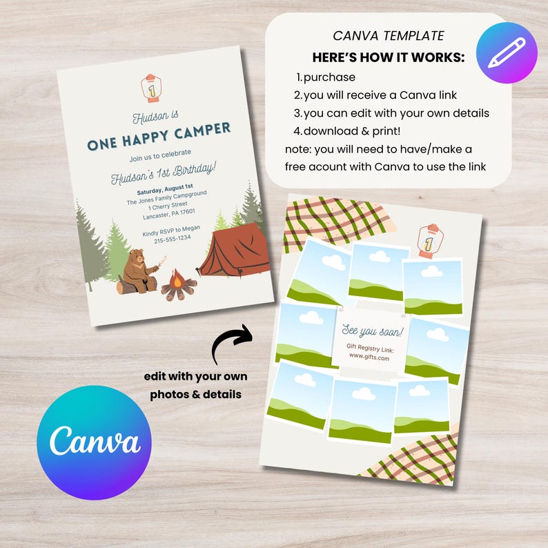 One Happy Camper *editable* Template | 1st Birthday Invite | Bear Tent ...