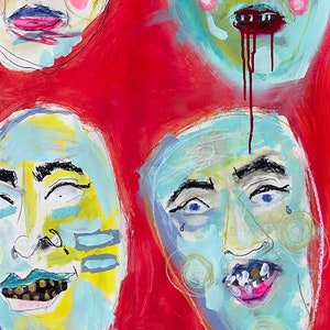 Large Outsider Art Painting, Abstract Faces, Weird Office Wall Art ...