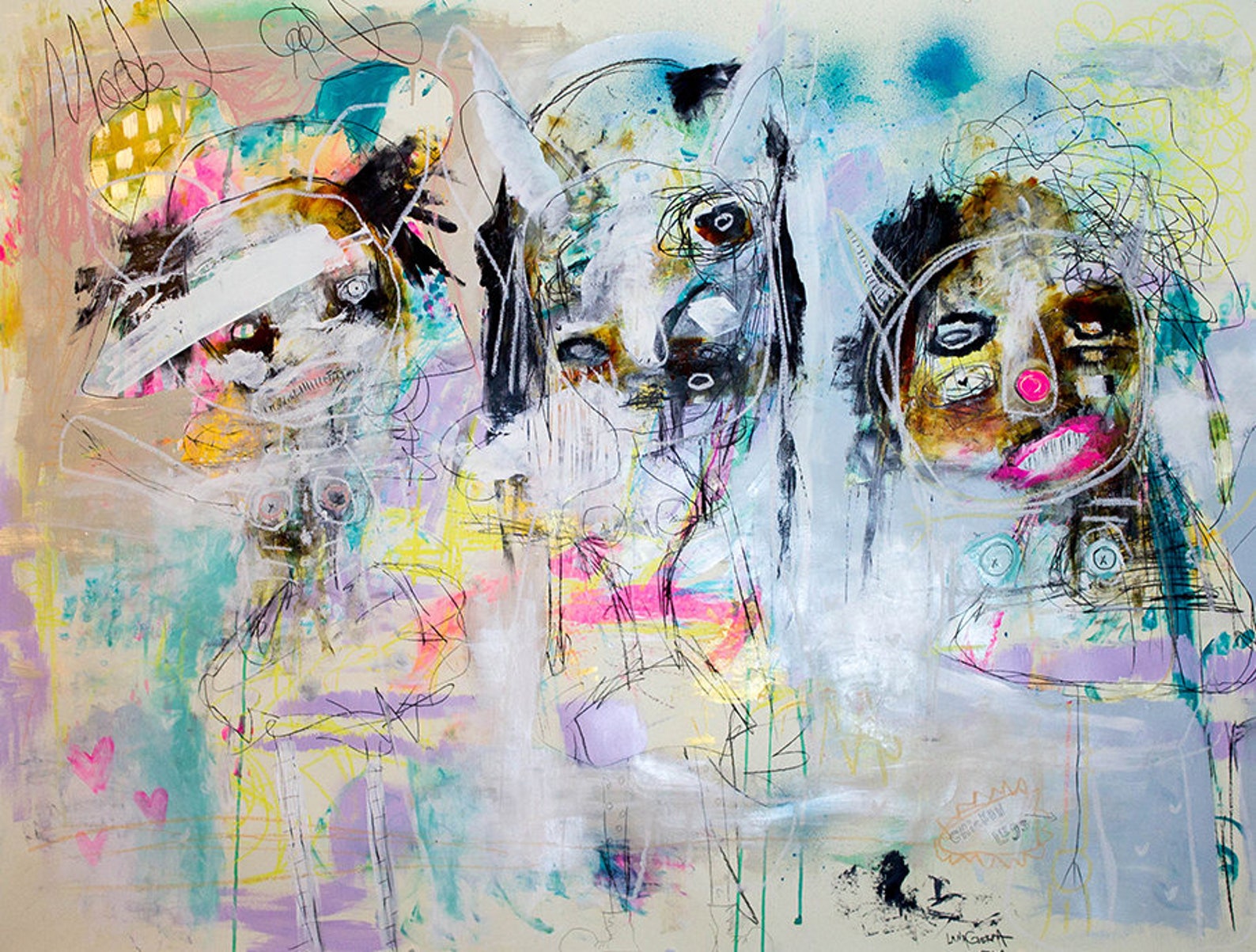 Abstract Portrait Painting Art Print. Cute Childlike Figures, Graffiti ...