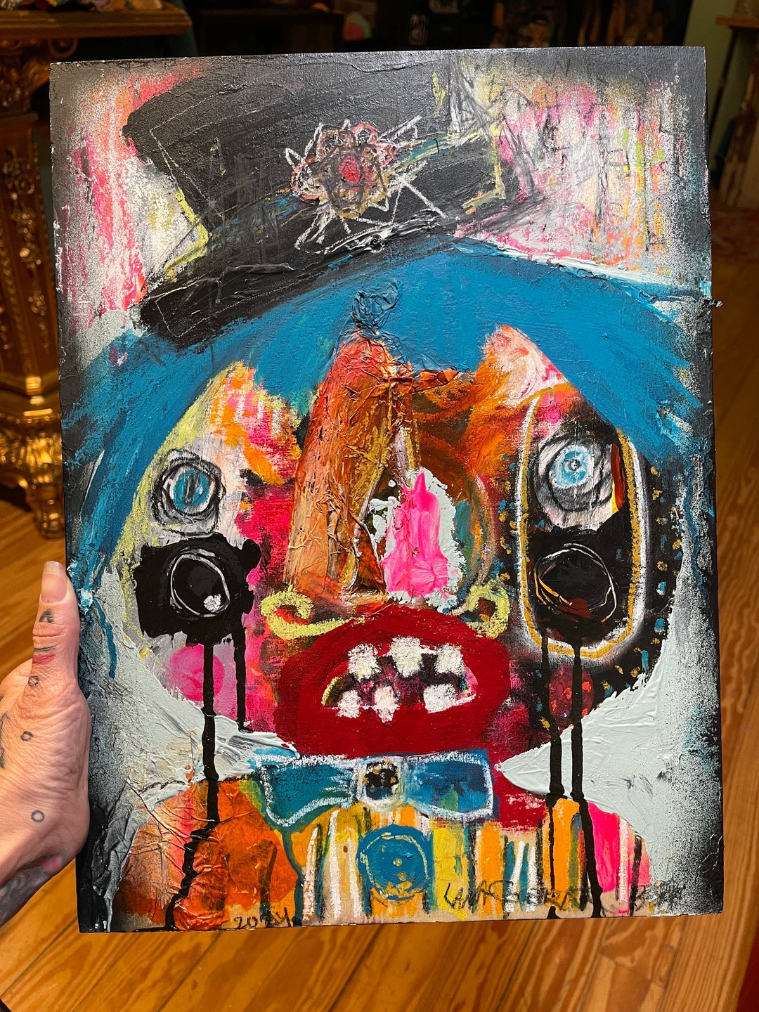 Outsider Art Painting, Sad Clown Abstract Painting, Childlike Art, Art ...