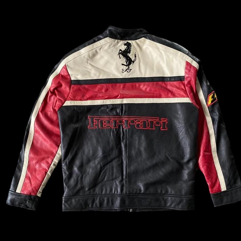 Rare Vintage Ferrari Black & Beige Leather Racing Jacket Men Real ...