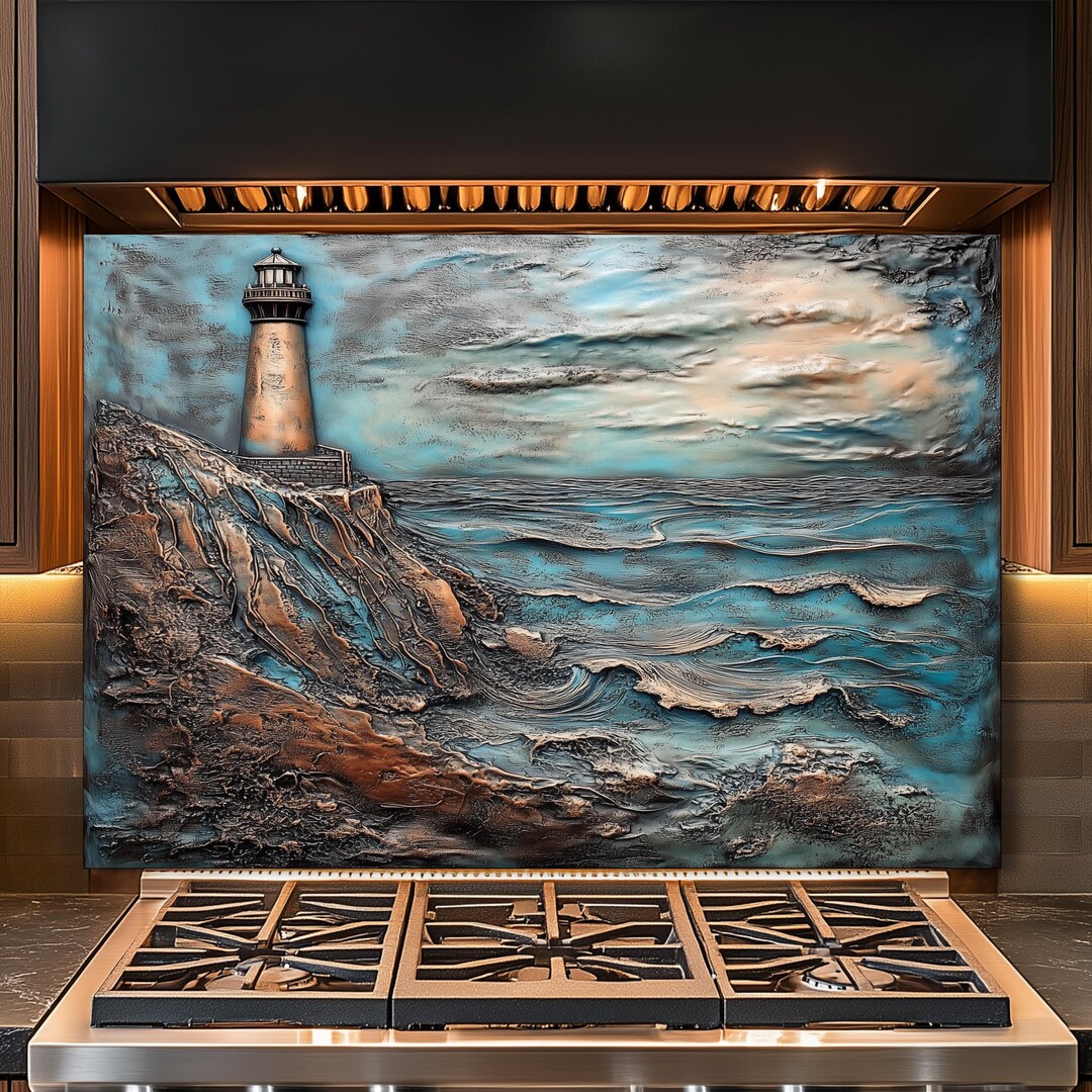 Lighthouse Glass Backsplash for Kitchen, Rocky Seaside Kitchen ...