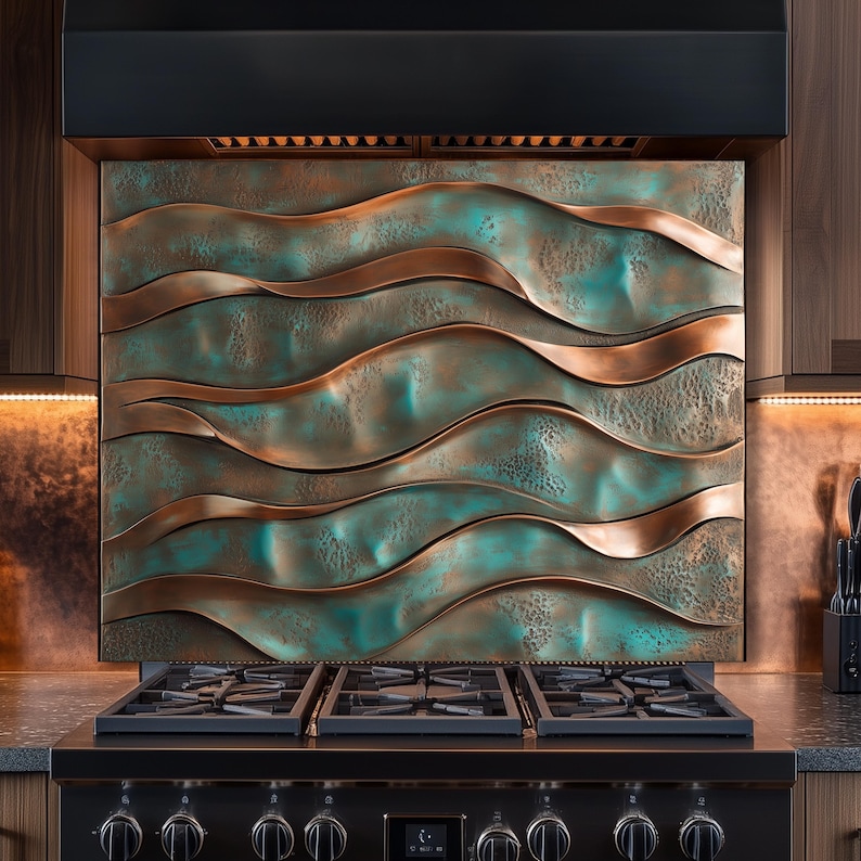 Teal Wave Kitchen Backsplash: Modern Copper Look, Tempered Glass Panel ...