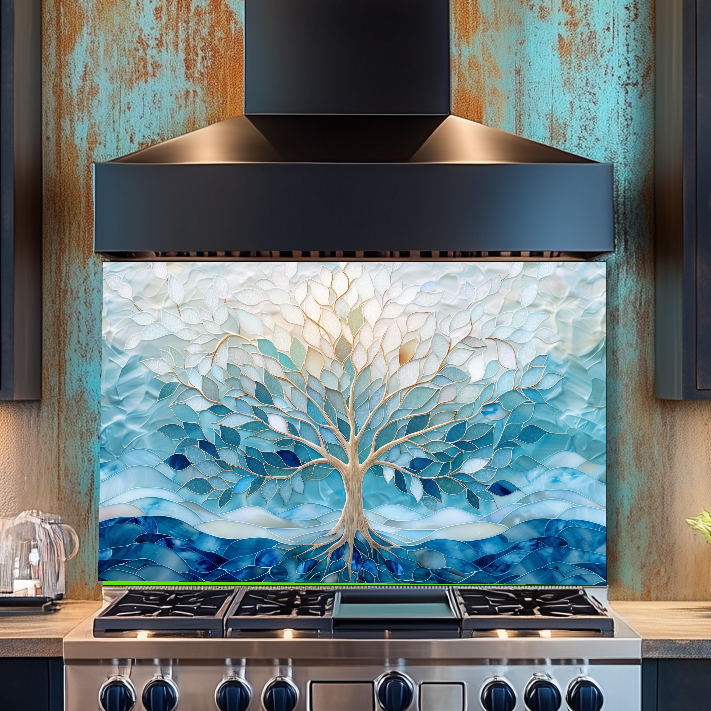 Tree of Life Backsplash, Ocean Wave Tempered Glass Backsplash, Modern ...