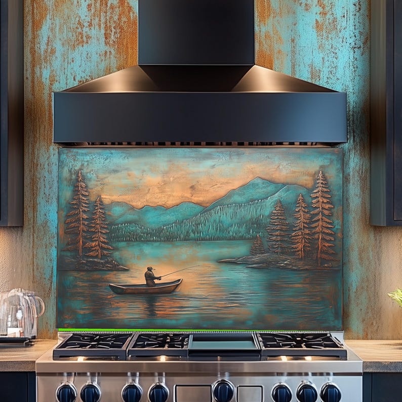 Fisherman Backsplash for Kitchen, Lake and Mountain Kitchen Backsplash, Unique Stove Splashback ...