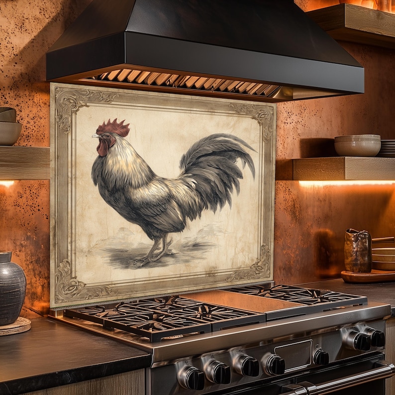 Vintage Rooster Glass Backsplash, Farmhouse Kitchen Splashback Panel ...