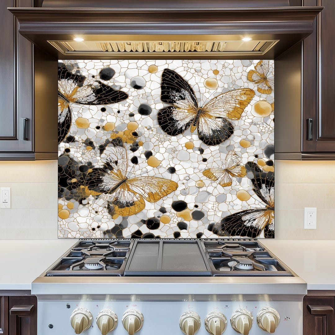 Butterfly Tempered Glass Kitchen Backsplash, Gold Black Insect Design ...