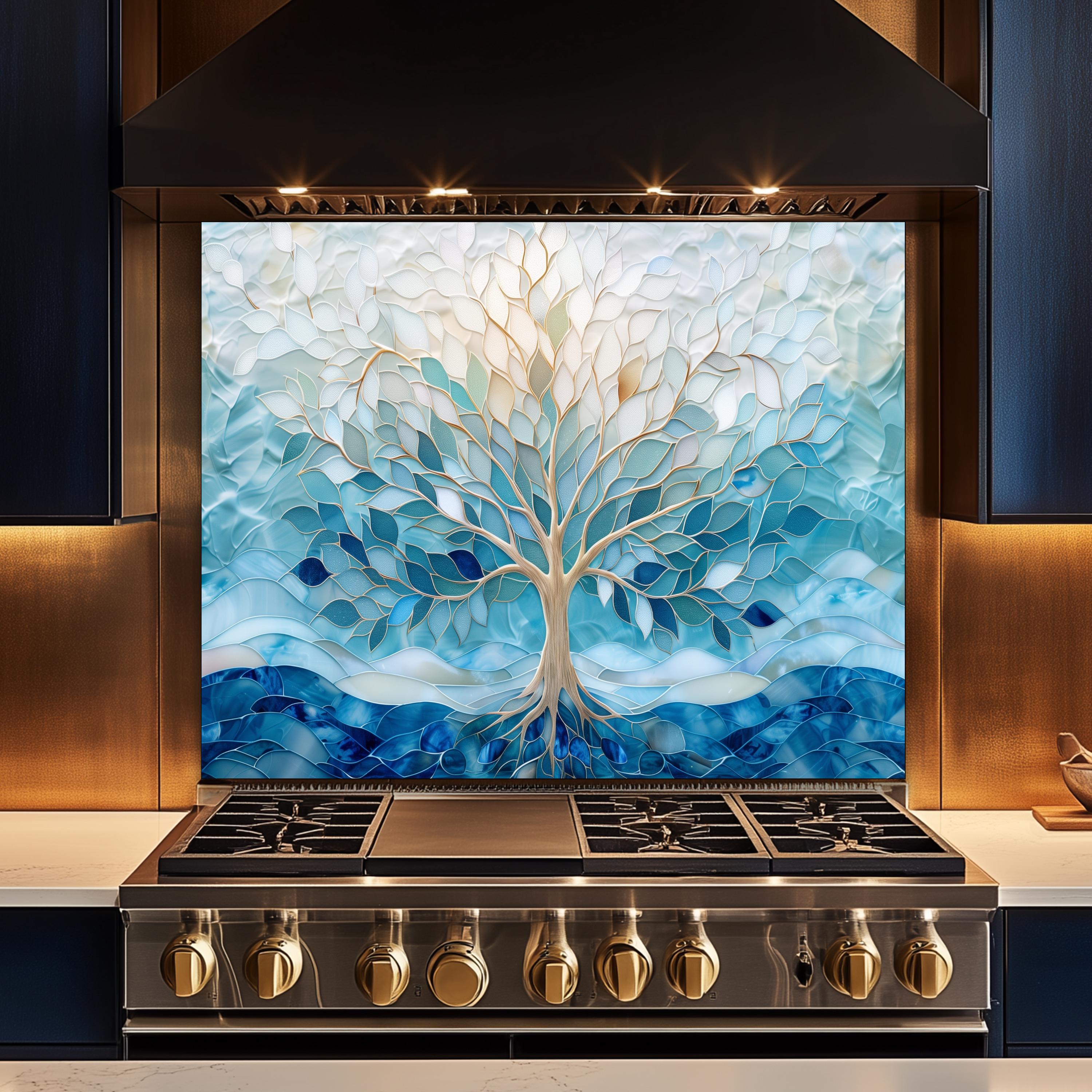 Tree of Life Backsplash, Ocean Wave Tempered Glass Backsplash, Modern ...