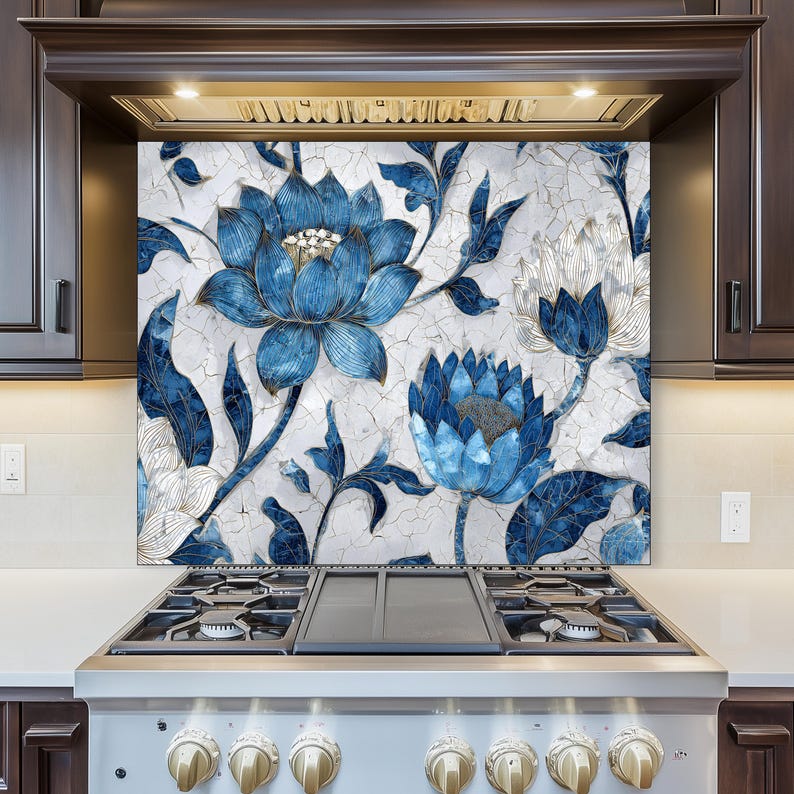 Blue Lotus Glass Backsplash, Floral Kitchen Splashback Panel, Modern ...