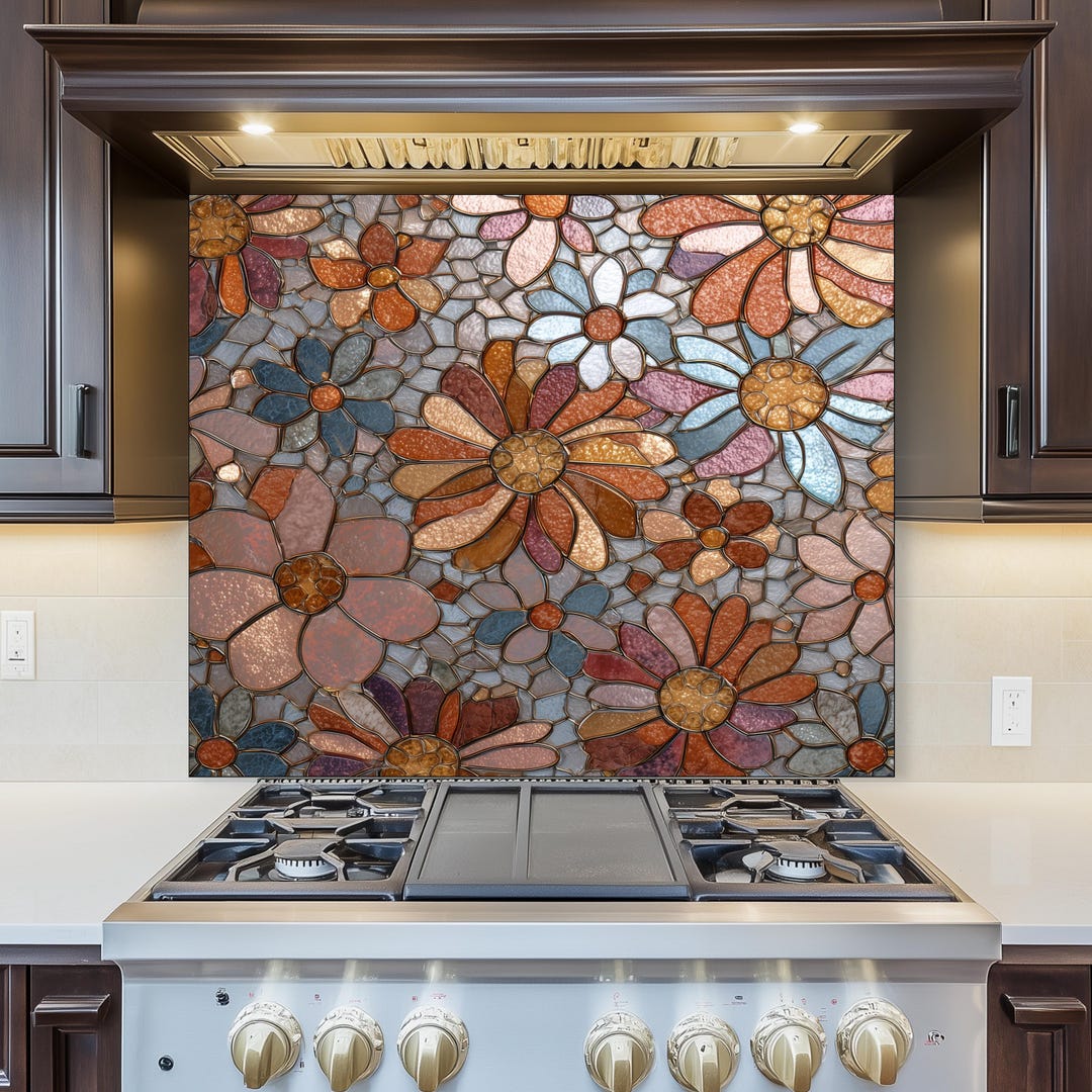 Mosaic Floral Glass Backsplash, Colorful Kitchen Splashback Panel ...