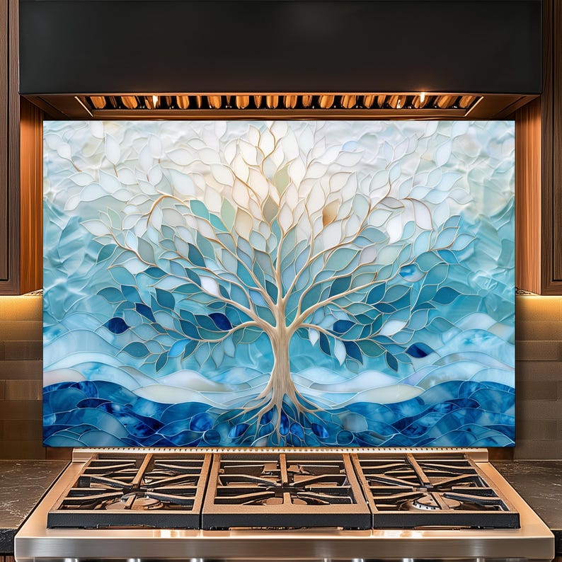 Tree of Life Backsplash, Ocean Wave Tempered Glass Backsplash, Modern ...
