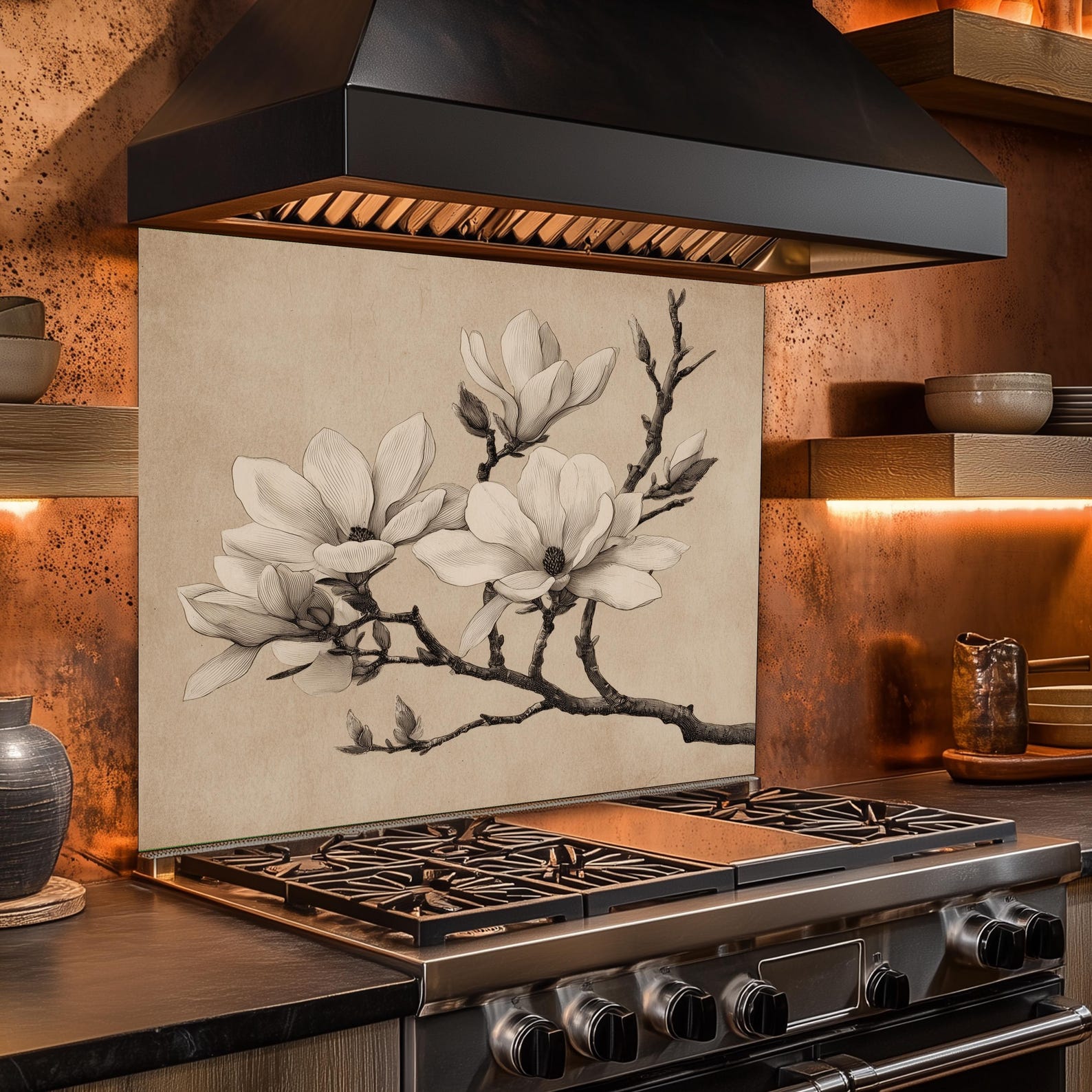 Magnolia Glass Backsplash, Floral Kitchen Splashback Panel, Elegant ...