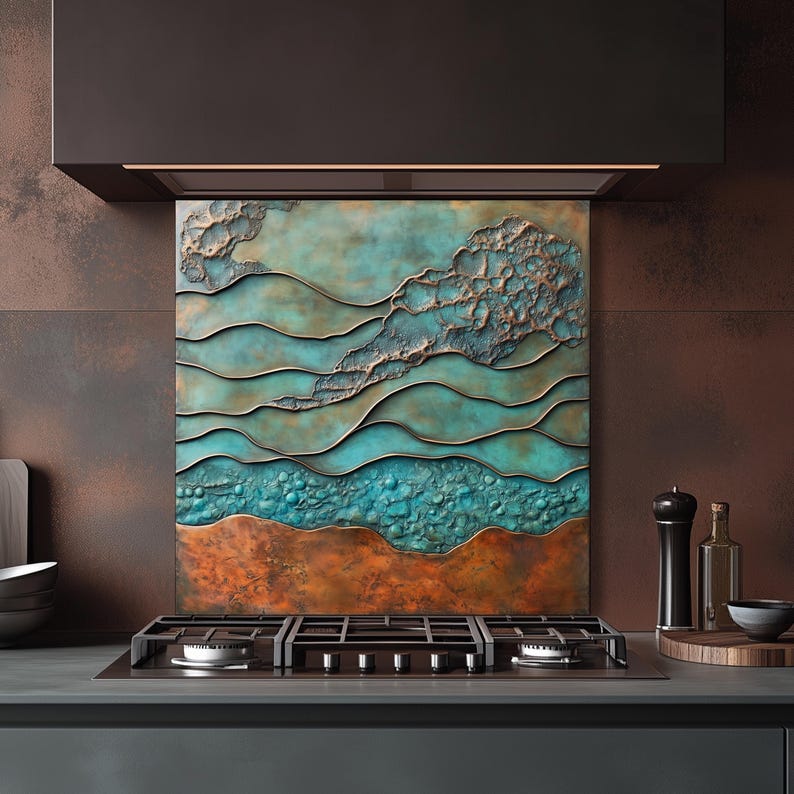 Ocean Wave Tempered Glass Backsplash, Coastal Copper Look - Etsy