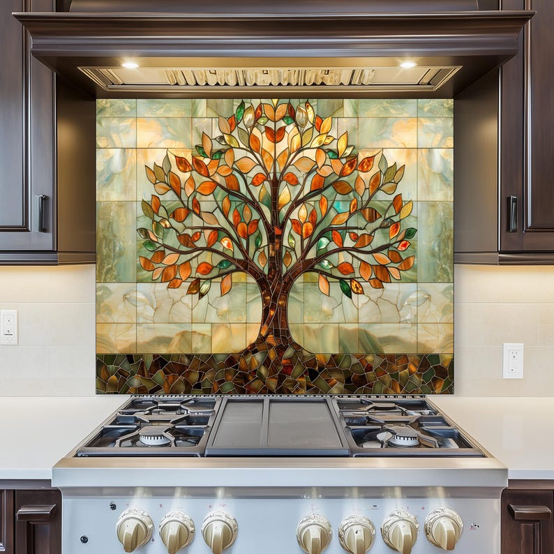 Tree of Life Tempered Glass Kitchen Backsplash – Rustic Mosaic Wall Art ...