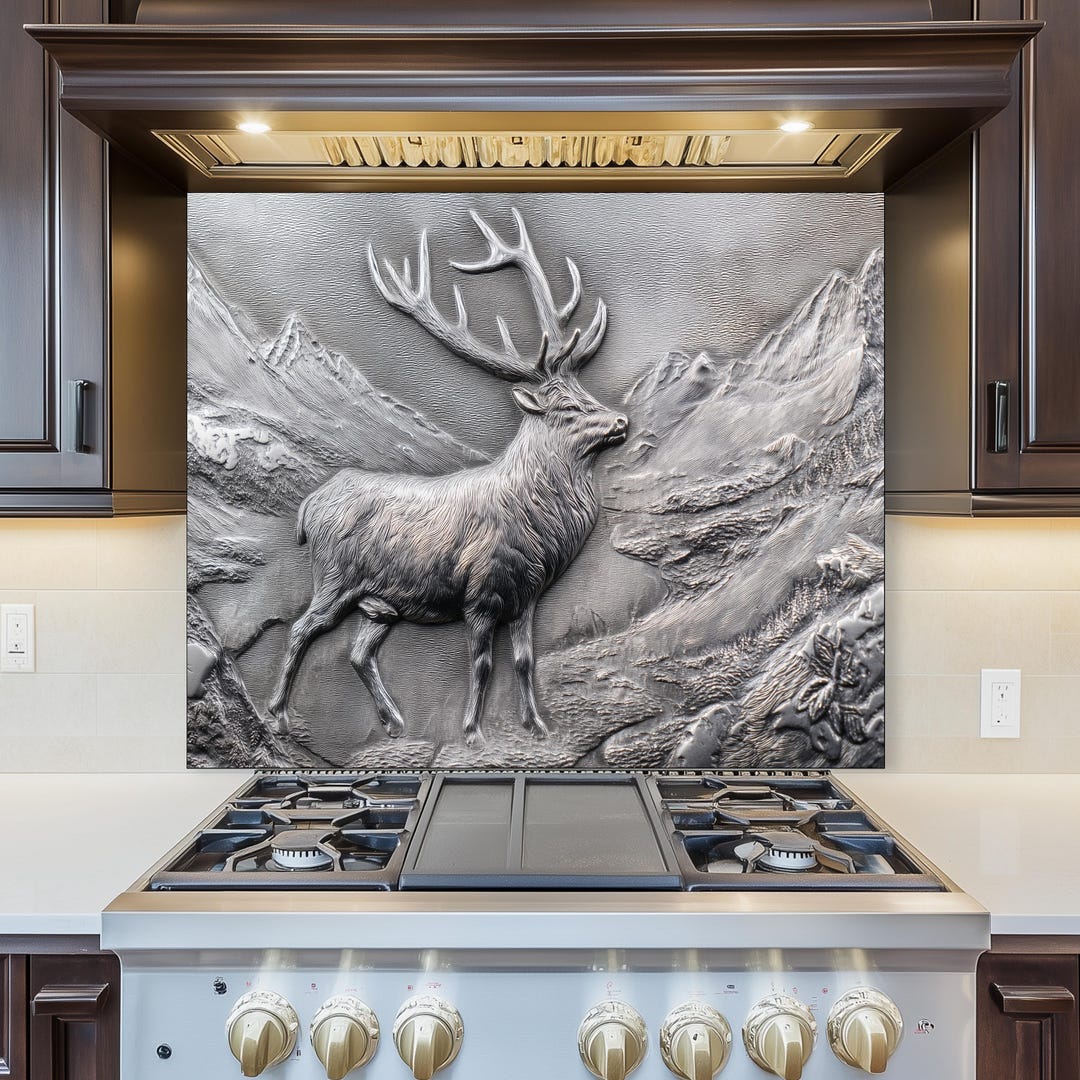Silver Look Deer Glass Backsplash, 3D Metallic Animal Splashback ...