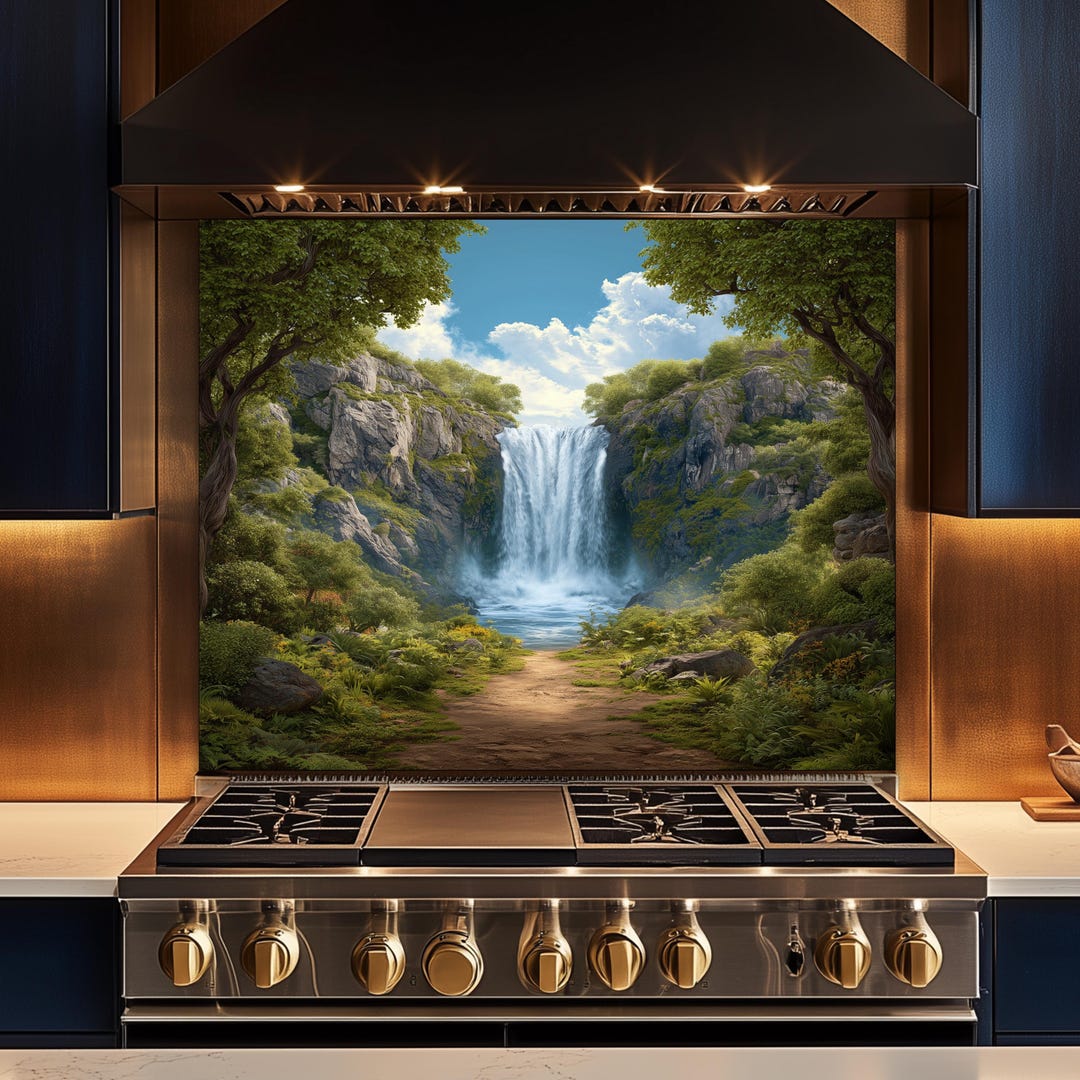 Forest Waterfall Glass Kitchen Backsplash, Scenic Nature Decor - Etsy