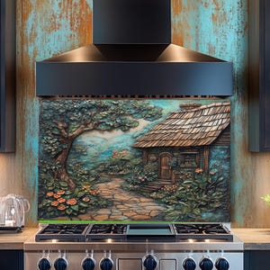 Forest House Backsplash for Kitchen, House in Forest Kitchen Backsplash, Unique Stove Splashback ...