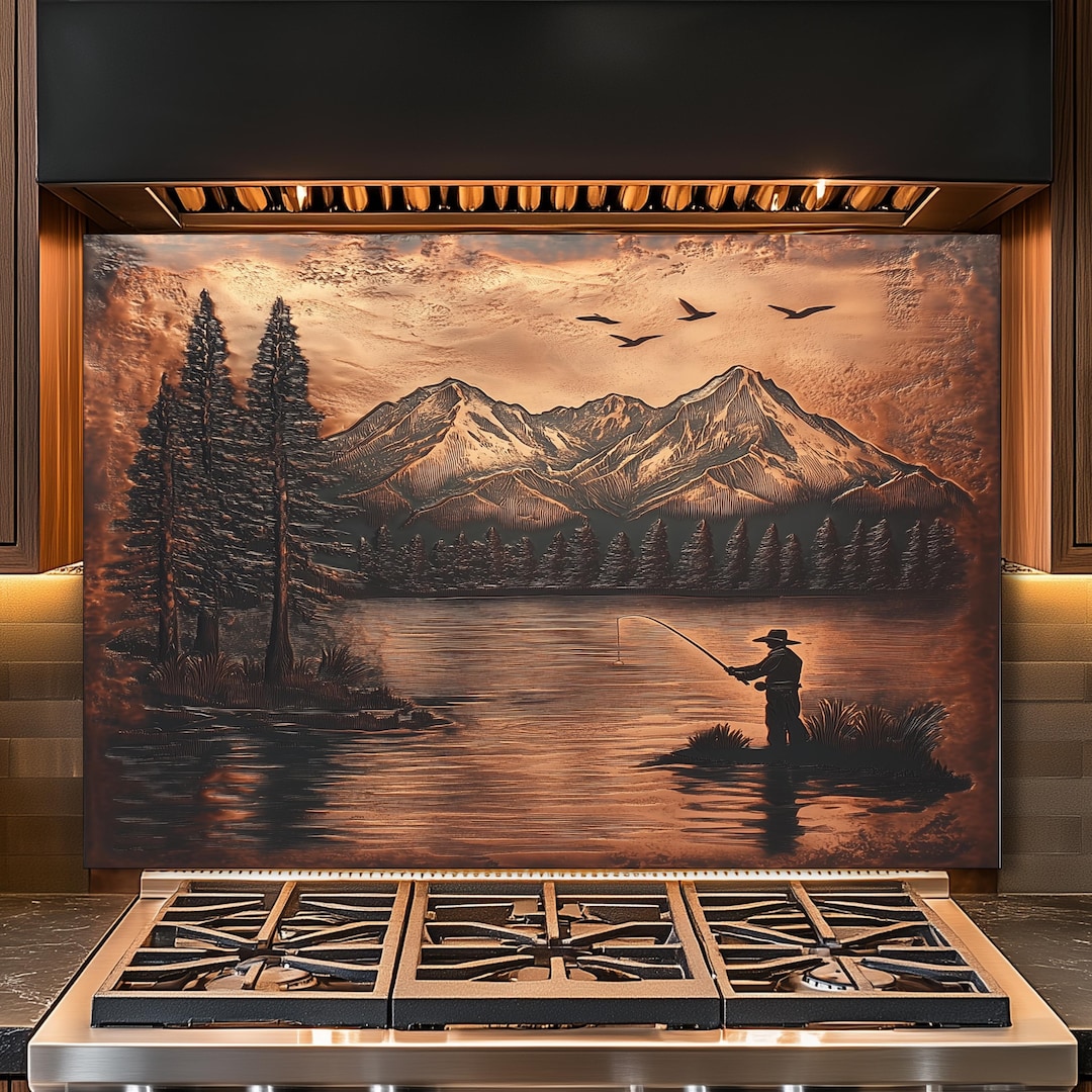 Fishing Scene Backsplash for Kitchen, Mountain Lake Kitchen Backsplash ...
