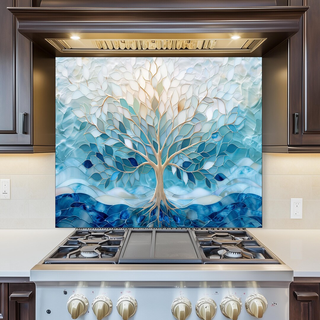 Tree of Life Backsplash, Ocean Wave Tempered Glass Backsplash, Modern ...