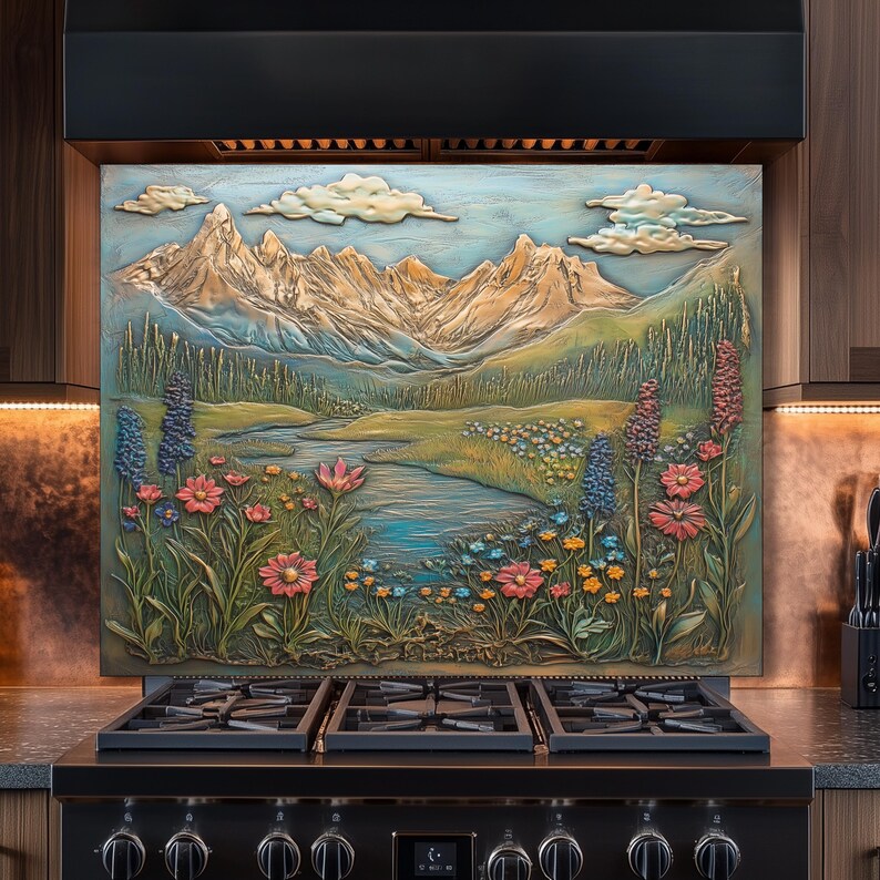 Mountain Landscape Backsplash for Kitchen, Wildflower Kitchen Backsplash, Unique Stove ...
