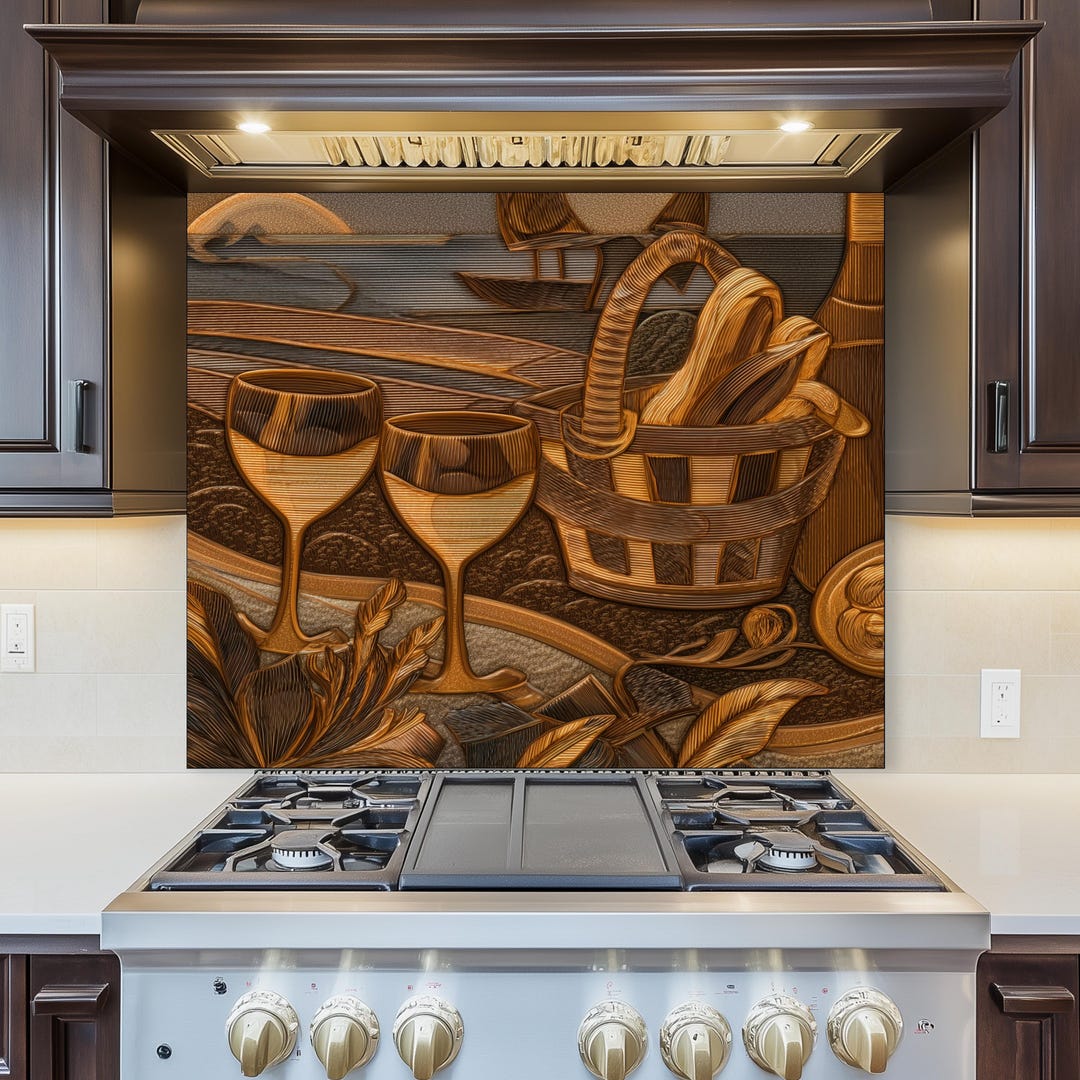 Wine Basket Glass Backsplash, Rustic Kitchen Splashback Panel, Wooden ...