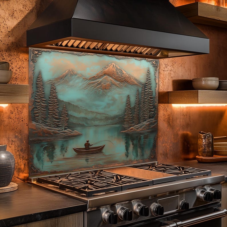 Fisherman Lake Backsplash for Kitchen, Mountain Lake Kitchen Backsplash, Unique Stove Splashback ...