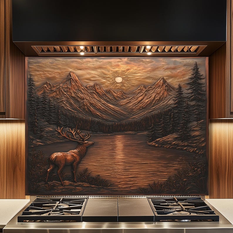 Rustic Deer Mountain Kitchen Backsplash: Tempered Glass Sunset Scene - Etsy