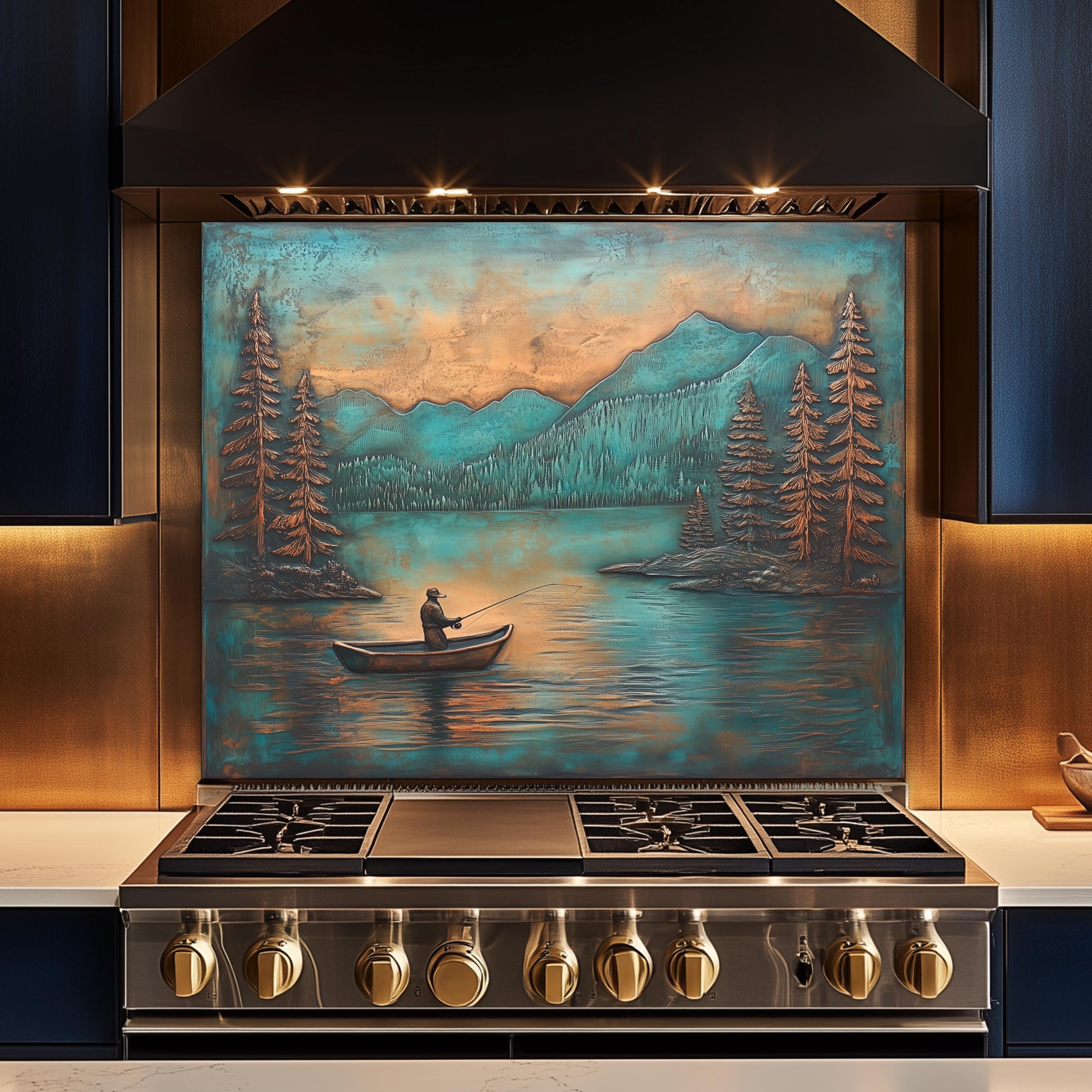 Fisherman Backsplash for Kitchen, Lake and Mountain Kitchen Backsplash, Unique Stove Splashback ...