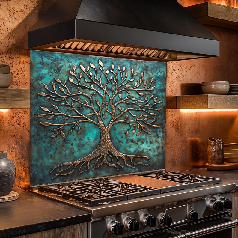 Tree of Life Glass Backsplash: Copper Look & Turquoise Kitchen Panel - Etsy
