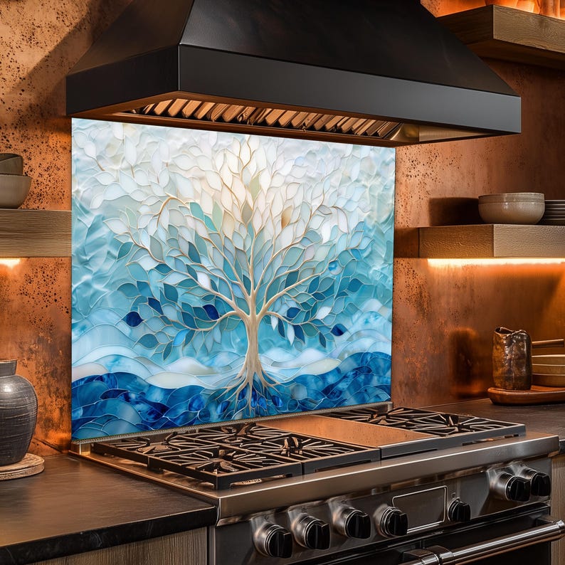 Tree of Life Backsplash, Ocean Wave Tempered Glass Backsplash, Modern ...