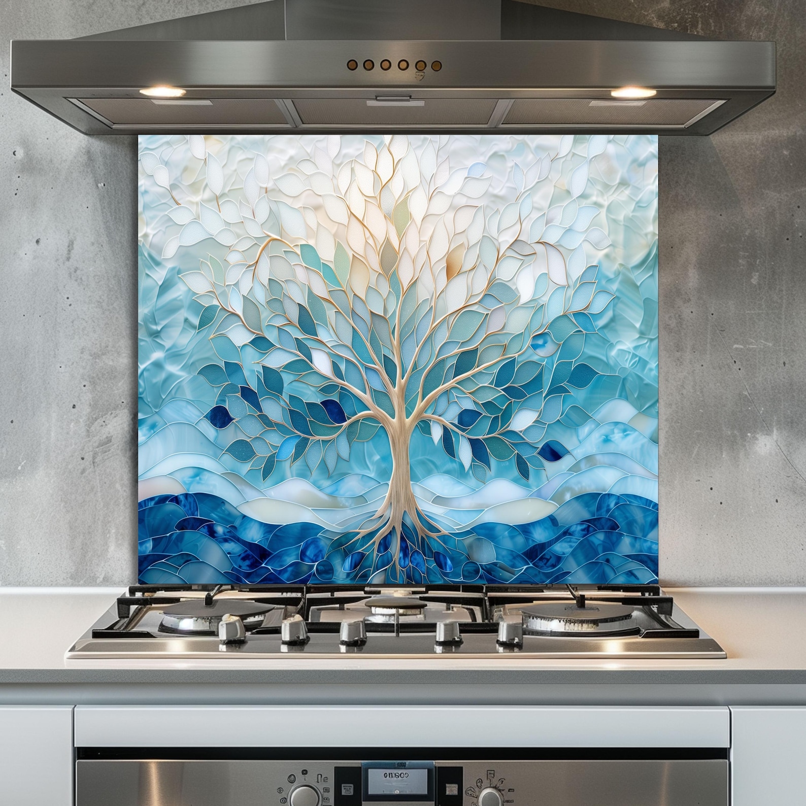Tree of Life Backsplash, Ocean Wave Tempered Glass Backsplash, Modern ...