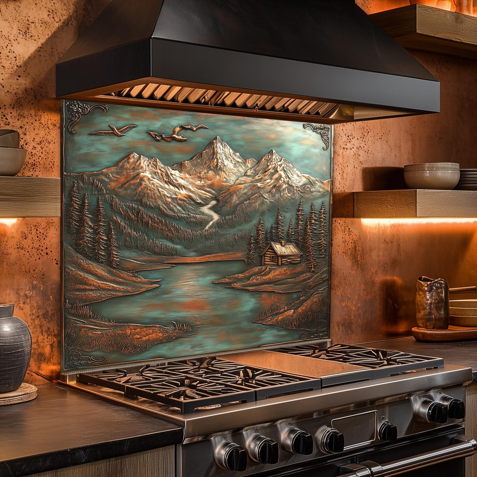 Mountain Cabin Kitchen Backsplash: Rustic Tempered Glass Stove ...