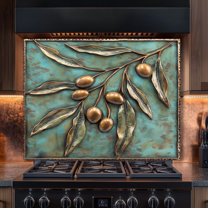 Olive Branch Glass Backsplash for Kitchen, Olives Kitchen Backsplash, Unique Stove Splashback ...