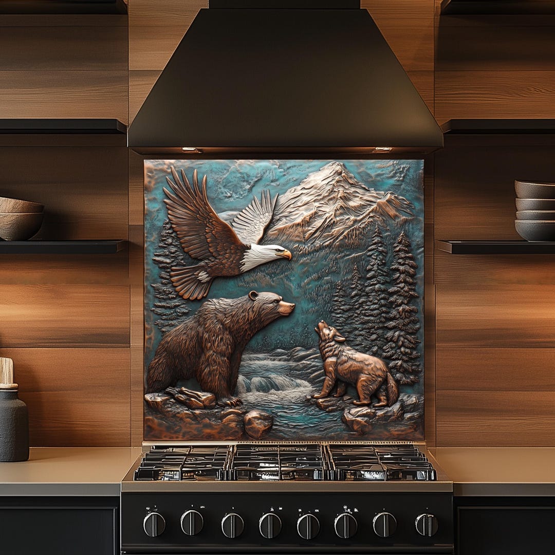 Black Hawk, Bear & Wolf Tempered Glass Kitchen Backsplash - Etsy