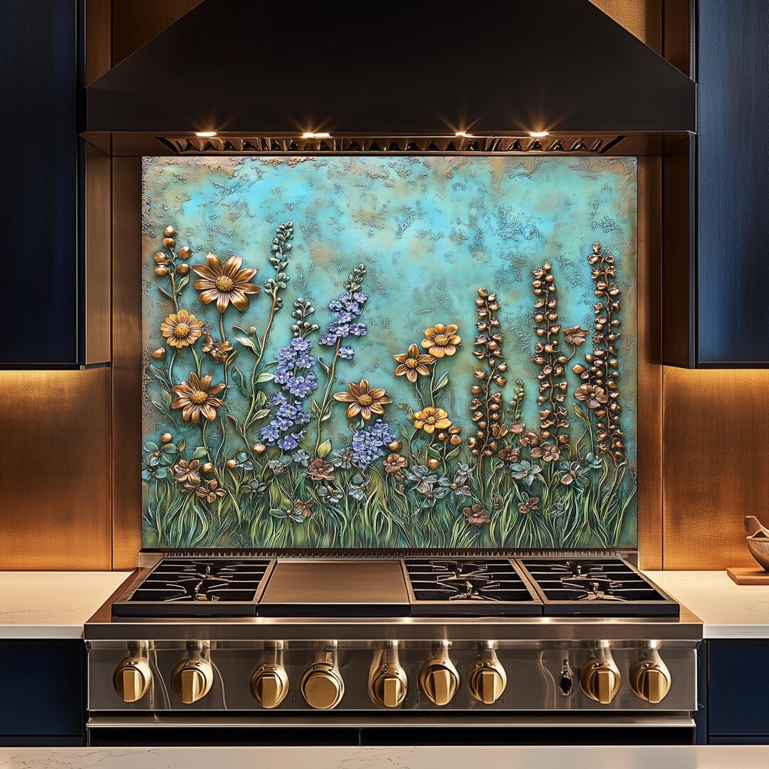 Violet Flowers Backsplash for Kitchen, Botanic Kitchen Backsplash ...