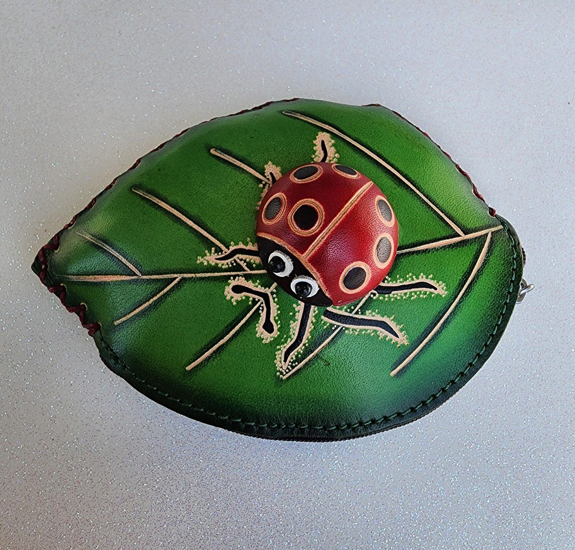 Genuine Leather Novelty Ladybug on Leaf Wristlet Coin Purse Animal Coin ...