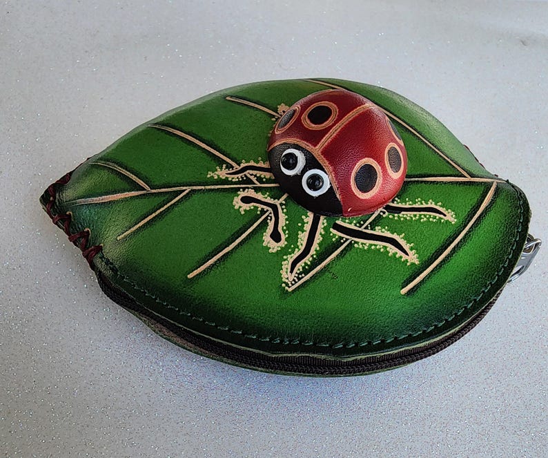 Genuine Leather Novelty Ladybug on Leaf Wristlet Coin Purse Animal Coin ...