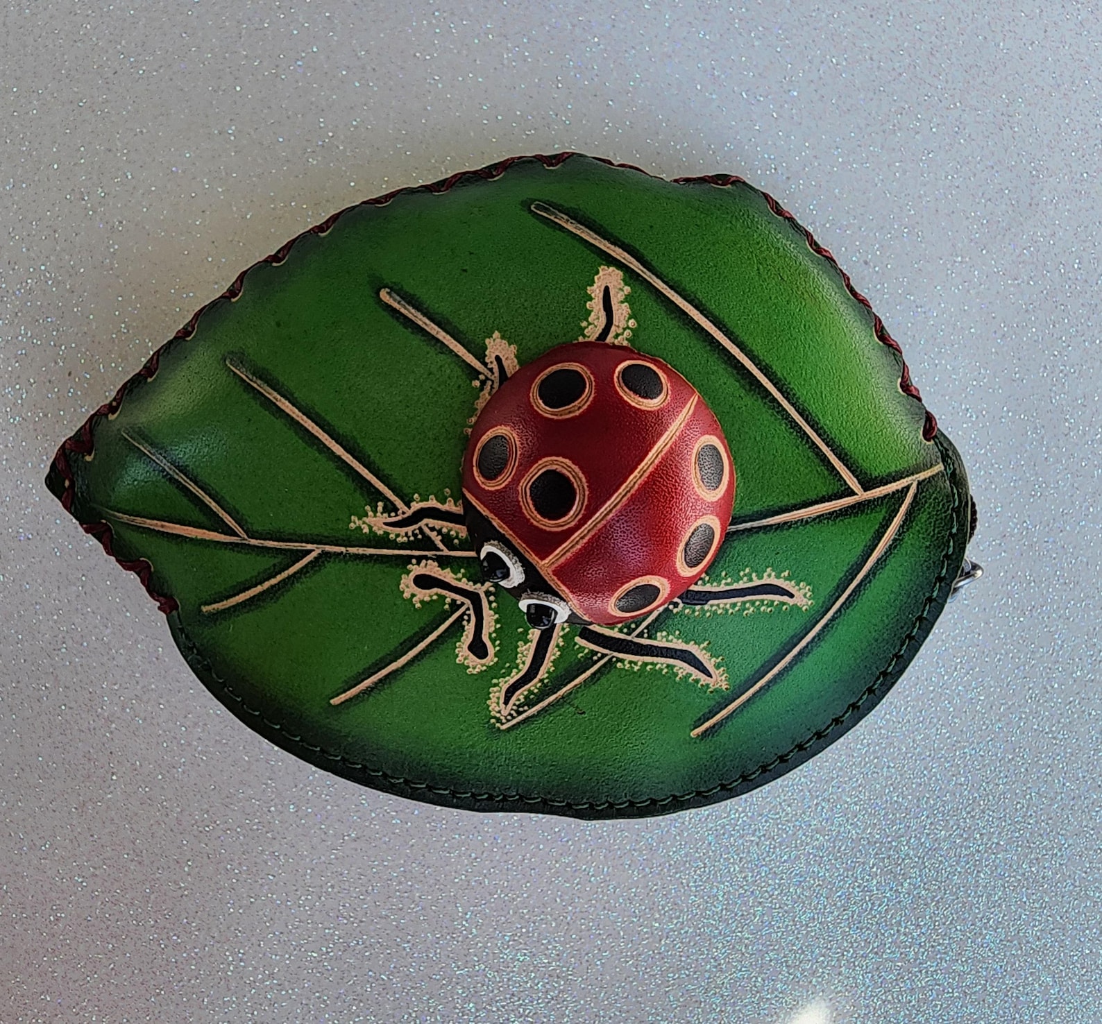 Genuine Leather Novelty Ladybug on Leaf Wristlet Coin Purse Animal Coin ...