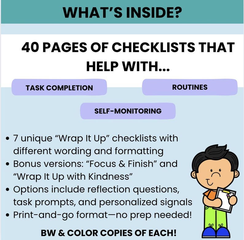 Executive Functioning Wrap-up Checklists Printable | Task Transition ...