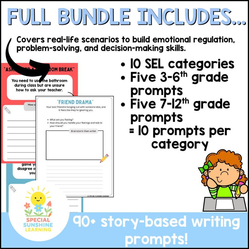 Story-based SEL Writing Prompts BUNDLE | Grades 3–12 | SEL & Problem ...