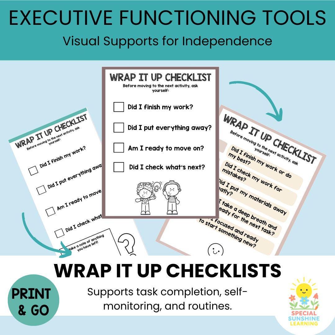 Executive Functioning Wrap-up Checklists Printable | Task Transition ...