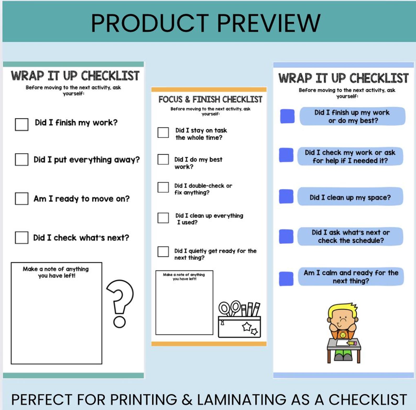 Executive Functioning Wrap-up Checklists Printable | Task Transition ...