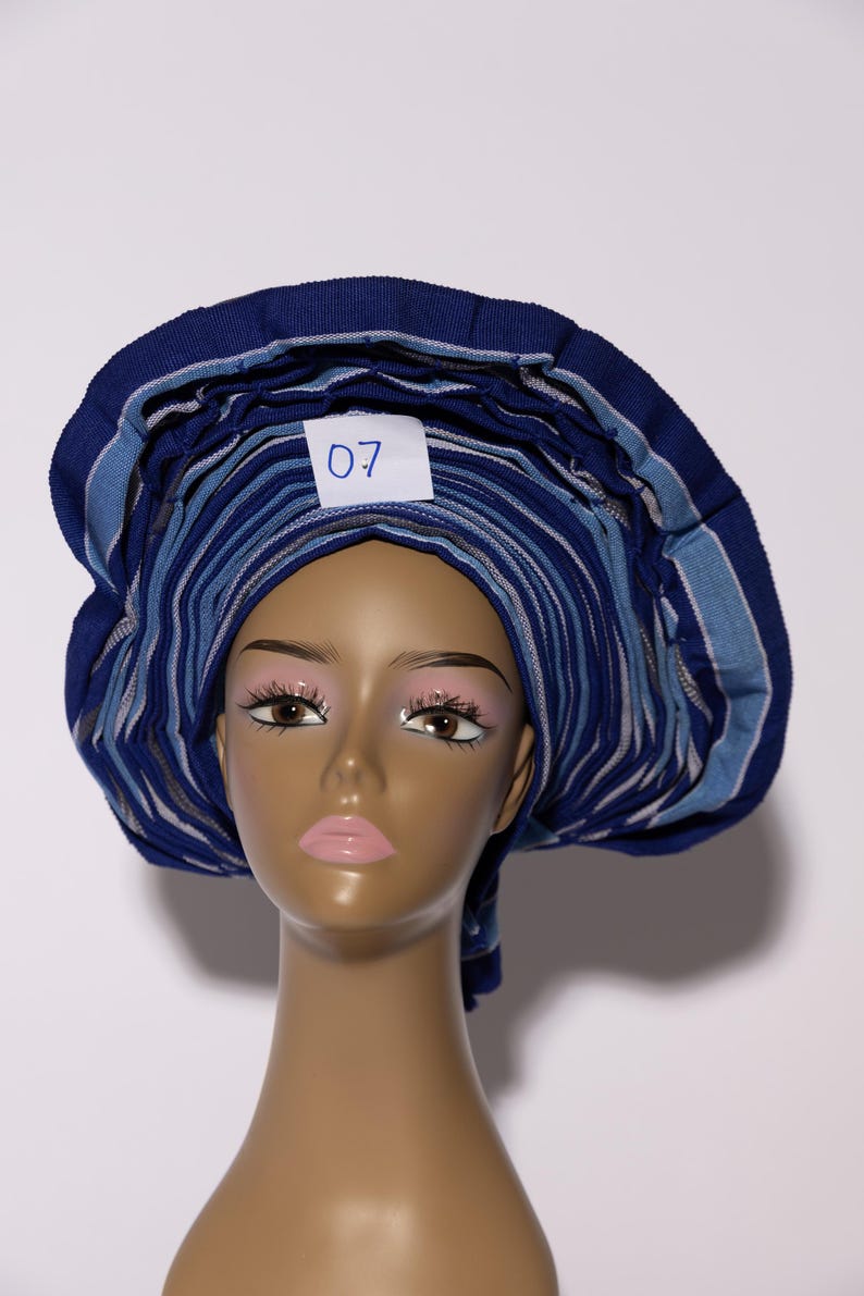 Blue Striped African Auto Gele | Ready-to-wear Gele | Pre-tied Headwrap ...
